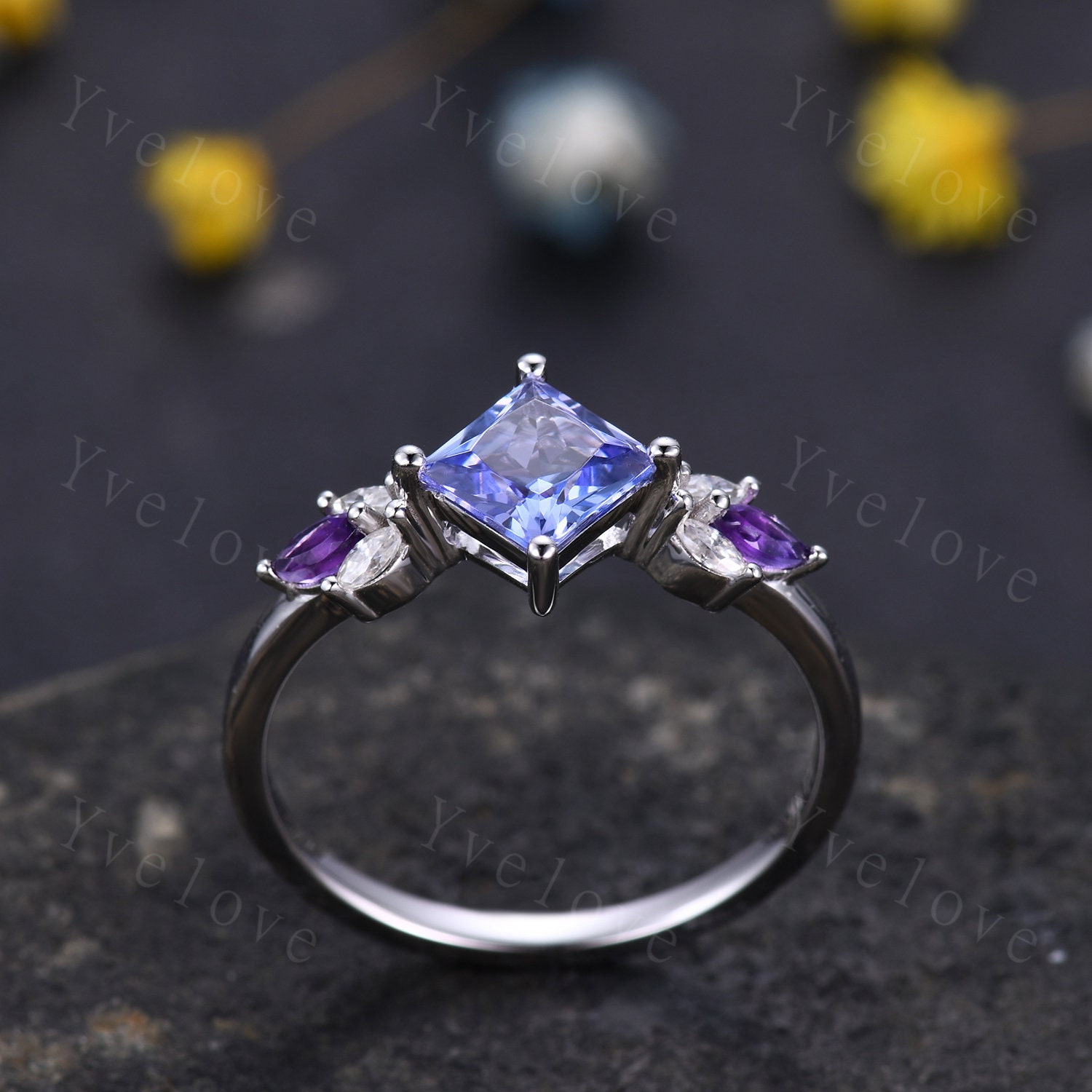 Vintage Princess Cut Tanzanite Engagement Ring 14k White Gold | Etsy