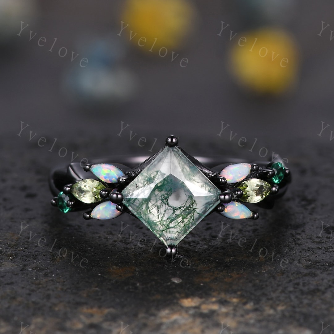 Vintage Princess Moss Agate Engagement Ring,black Gold,vines Emerald ...