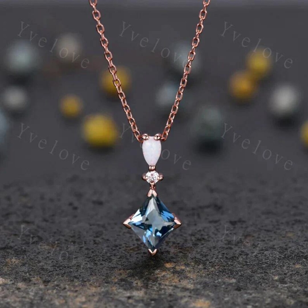Vintage Unique Lozenge London Blue Topaz Necklace 14k Rose Gold Opal ...