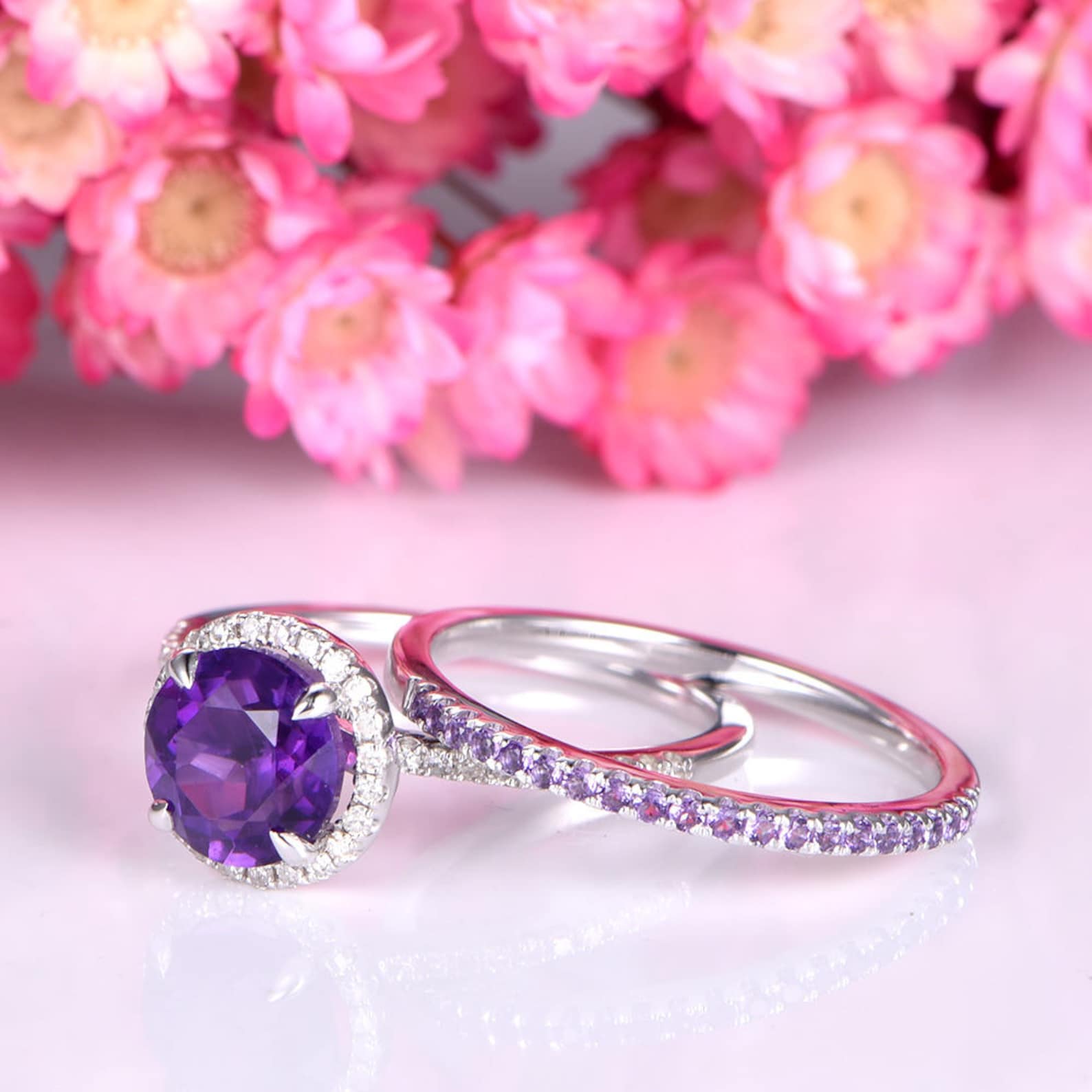 Amethyst Ring Set White Gold Amethyst Engagement Ring 7mm - Etsy