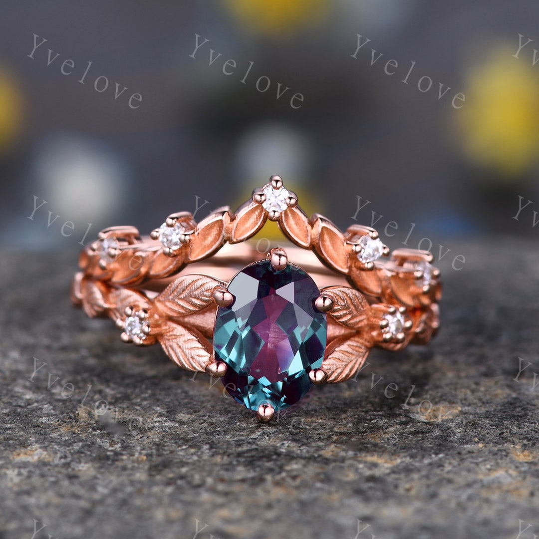 Vintage Alexandrite Engagement Ring Set Floral Alexandrite Wedding Ring ...