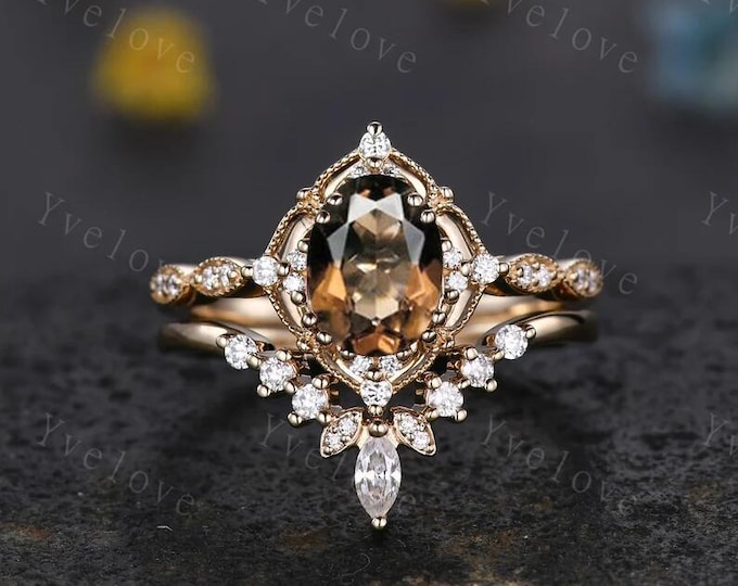 Vintage Smoky Quartz Engagement Ring Set,oval Brown Quartz Ring,14k ...