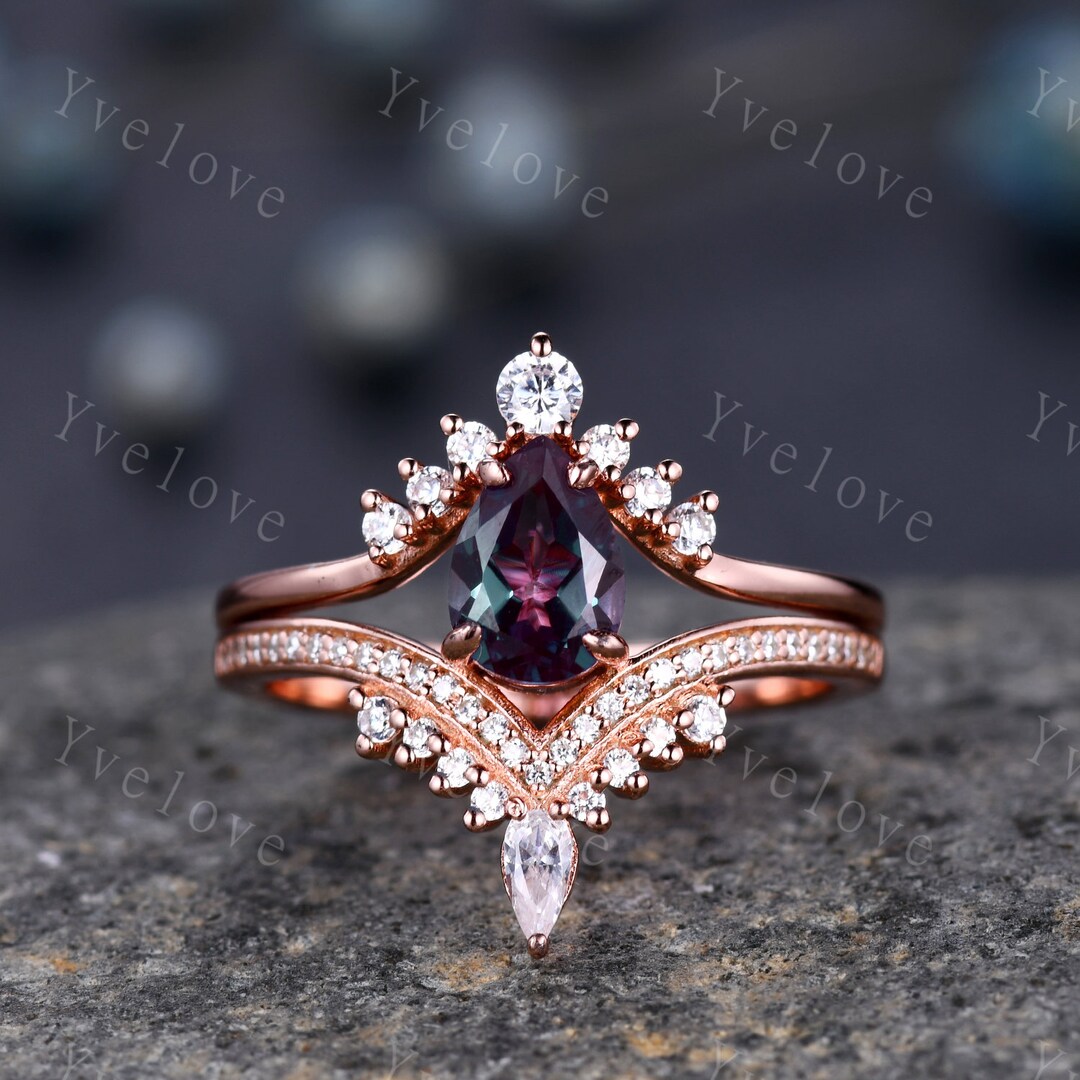 Pear Cut Vintage Alexandrite Engagement Ring Set Atr Deco Rose Gold ...