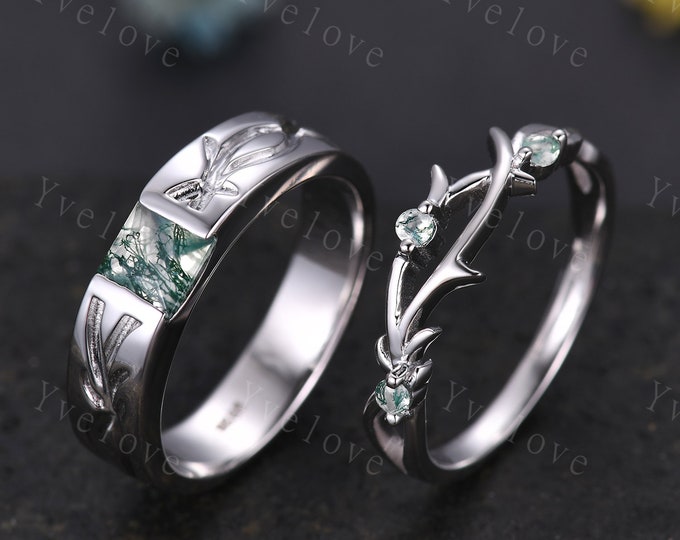 Couples Ring Set Moss Agate Ring Twig Ring for Men and Women His and ...