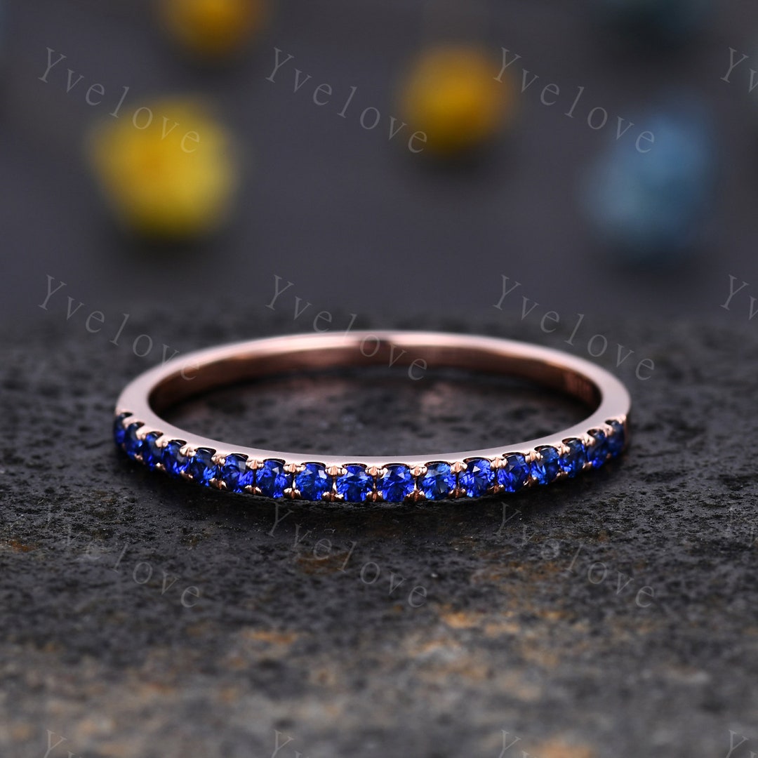 Blue Sapphire Wedding Band Solid 14k Rose Gold,half Eternity Ring ...