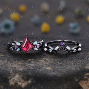 Vintage Kite Red Ruby Engagement Ring Set,black Gold,vines Amethyst ...