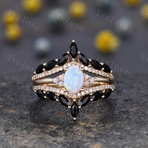 3 Set opal Engagement Ring Set opal Rings for Women gold Opal Ring marquise Black Onyx Diamond Wedding Ring Set multi gemstone Ring Gift Etsy
