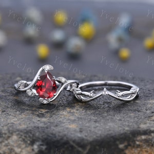 Retro Teardrop Red Garnet Ring,vintage Sterling Silver Ring Set,unique ...