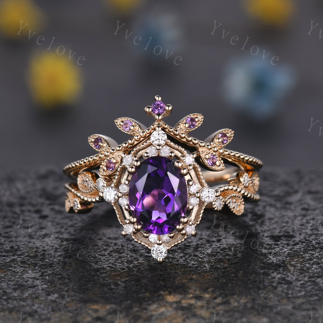 Oval Amethyst Engagement Ring Set Solid Gold Ring Diamond Amethyst ...