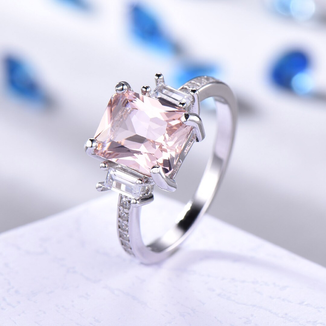 Pink Morganite Ring Women Sterling Silver Promise Ring Three Stone ...
