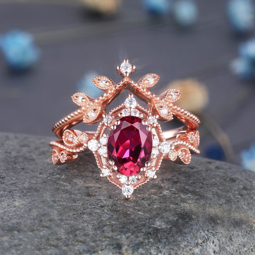 Vintage Ruby Ring Rose Gold Engagement Ring Set Diamond Ruby Wedding ...