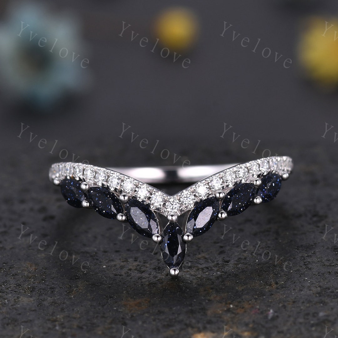 Unique Blue Sandstone Wedding Ring,blue Gem Wedding Band,marquise Blue ...