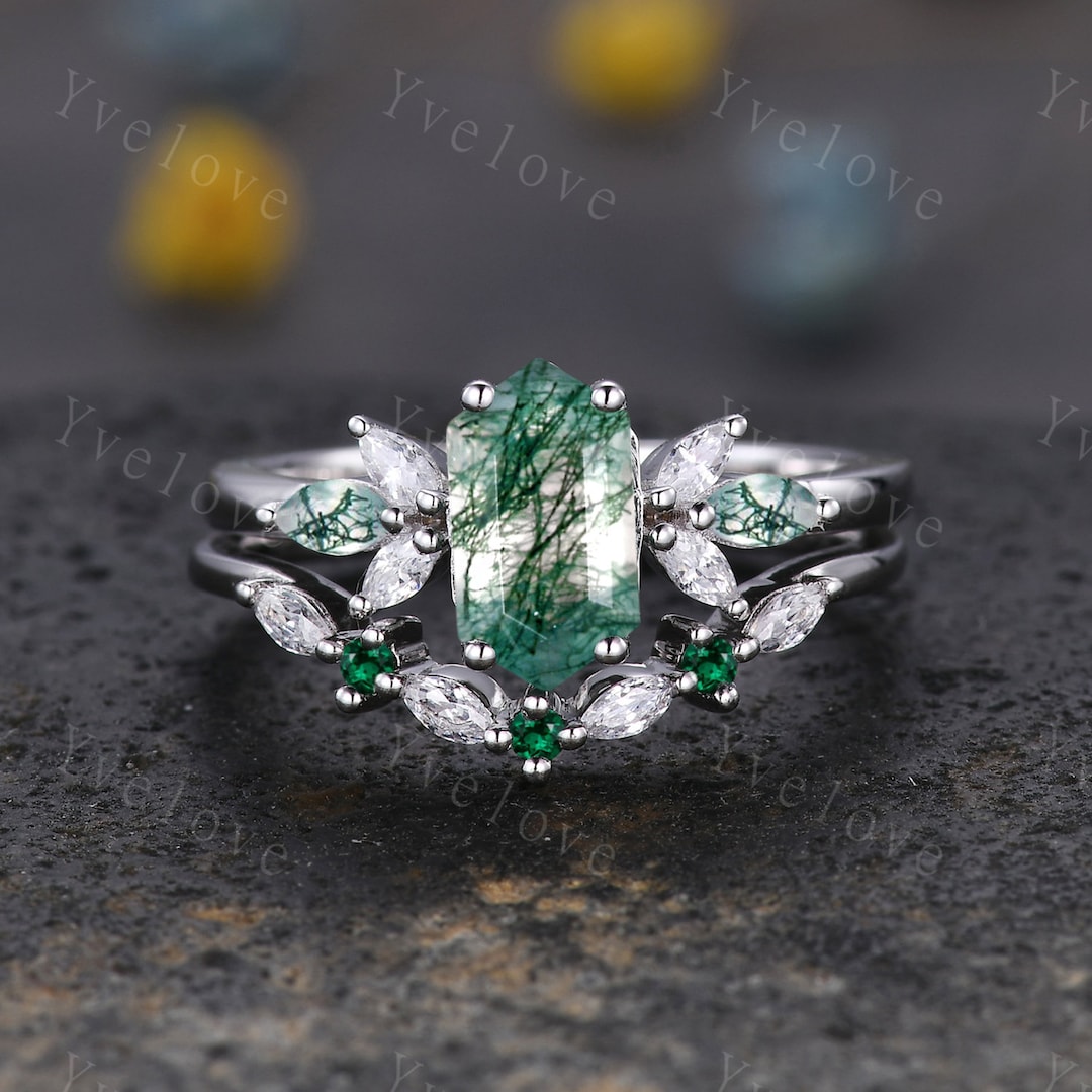 Vintage Hexagon Cut Moss Agate Engagement Ring Set,unique Bridal Set ...