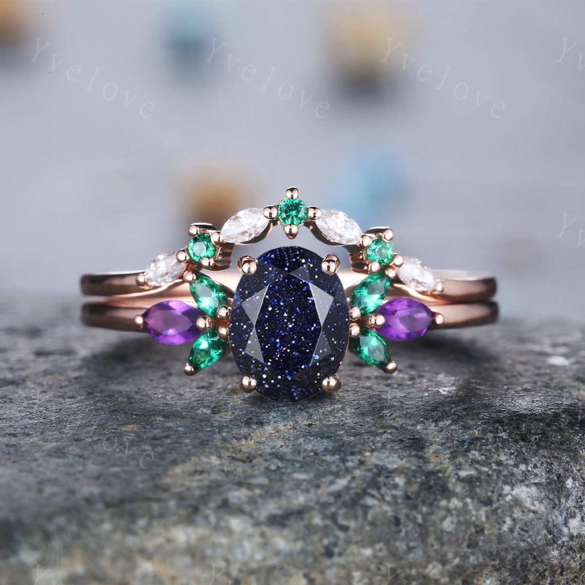 Blue Sandstone Wedding Ring Set Oval Sandstone Engagement - Etsy
