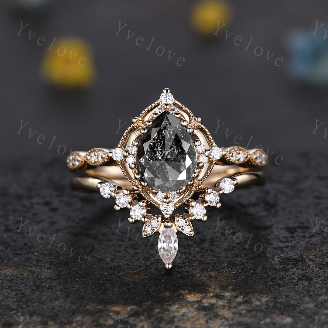 5x7mm Vintage Salt Pepper Diamond Engagement Ring,teardrop Diamond Ring Set,14k Gold Ring,unique ...
