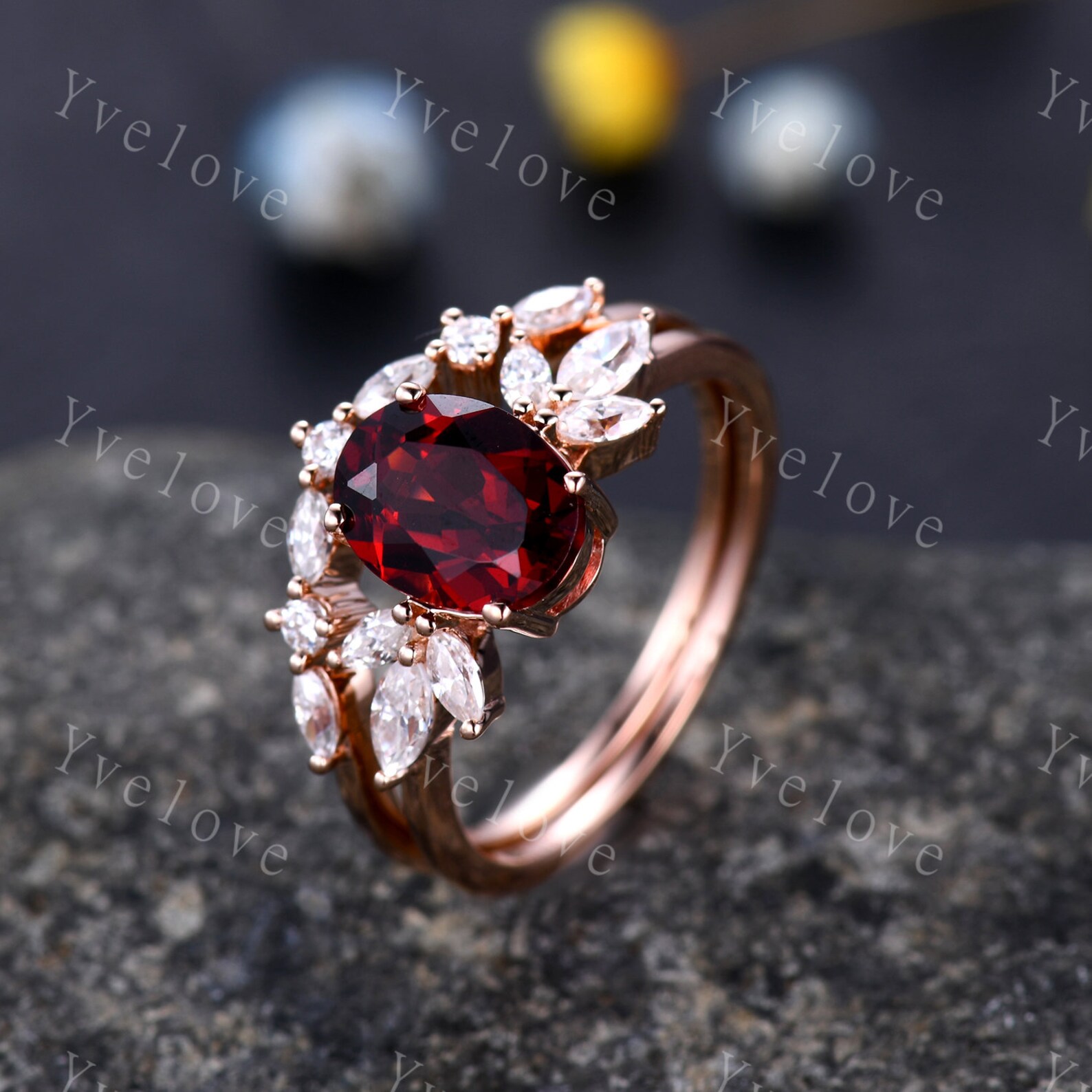 Garnet Engagement Ring Set Rose Gold Art Deco Ring Moissanite - Etsy