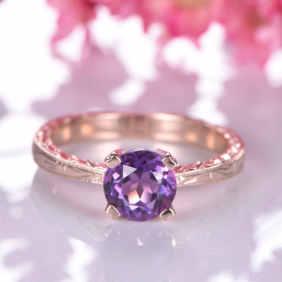 Amethyst Engagement Ring 14k Rose Gold Filigree Wedding Band 6.5mm ...