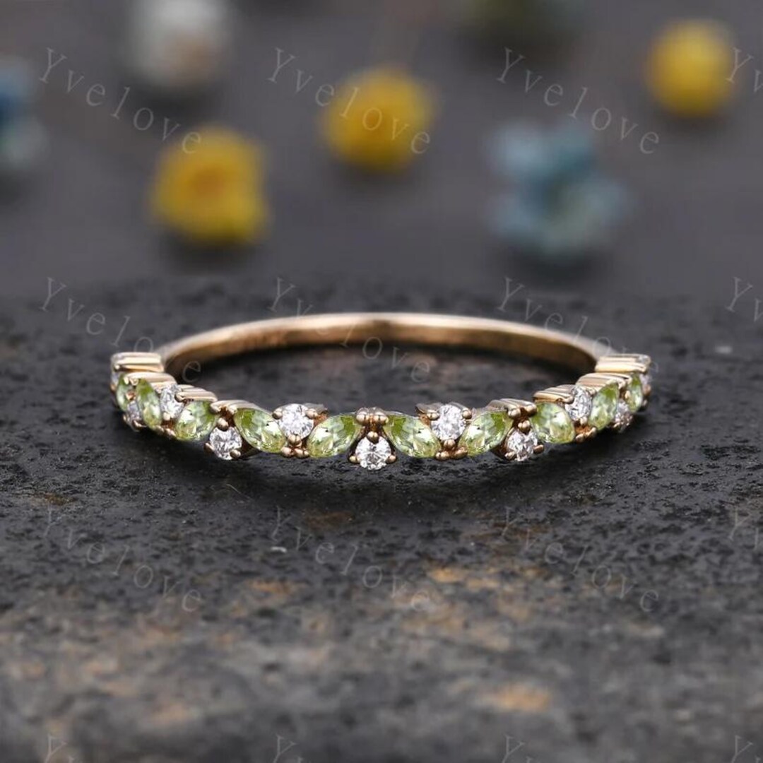 Marquise Peridot Wedding Band Vintage Peridot Ring Yellow Gold Diamond ...
