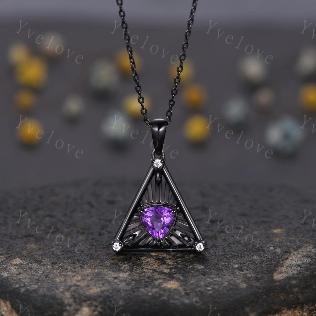 Gothic Triangle Cut Amethyst Pendant Black Gold Unique Trillion Shape ...