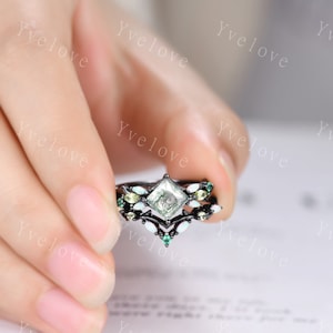 Vintage Princess Moss Agate Engagement Ring Set,black Gold,vines ...