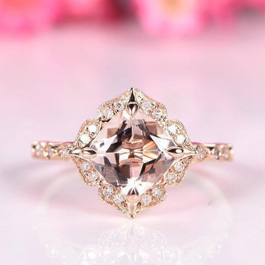 Natural Morganite Engagement Ring 7mm Cushion Cut Morganite Ring Floral ...