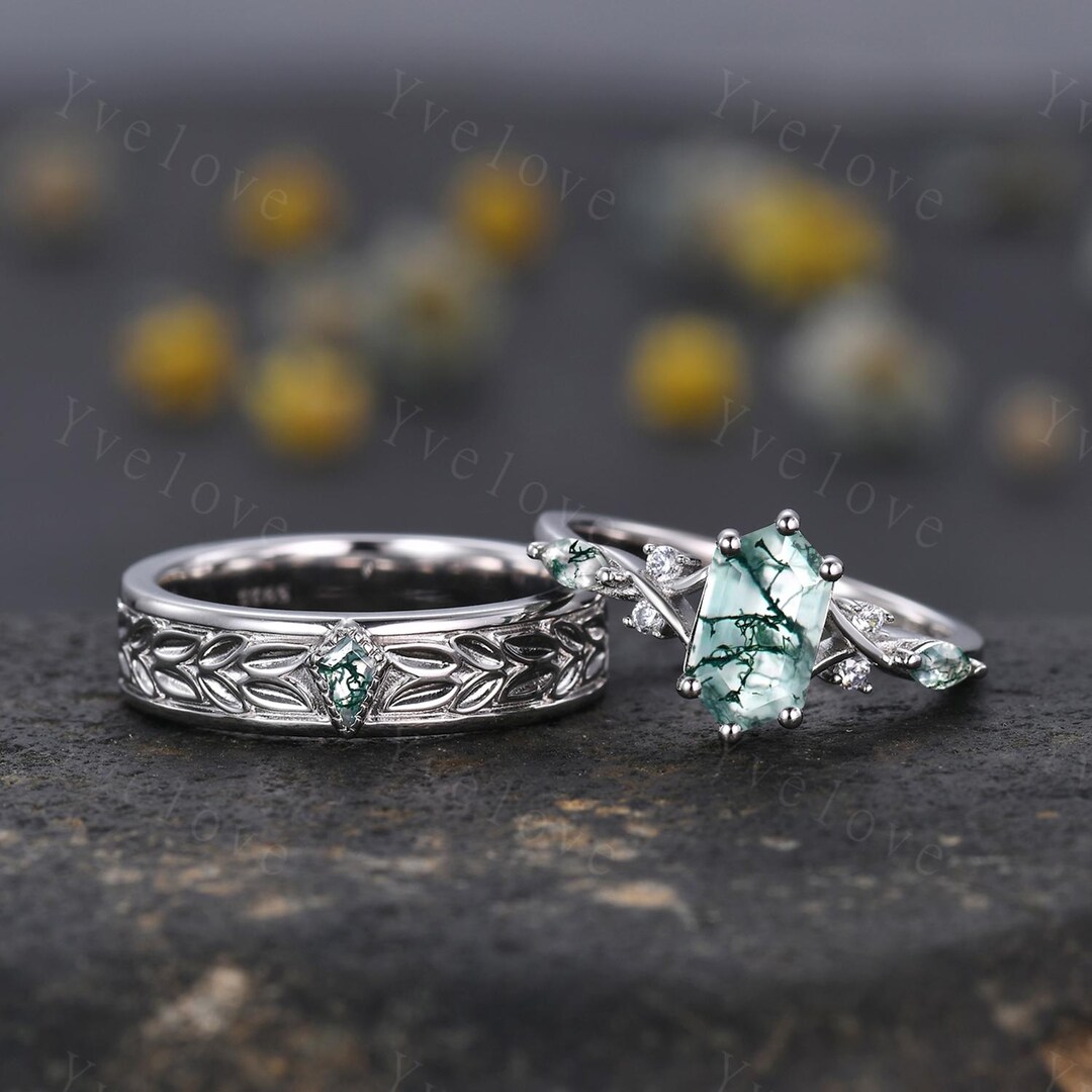 Unique Moss Agate Couples Ring White Gold Natural Agate Gem Matching ...