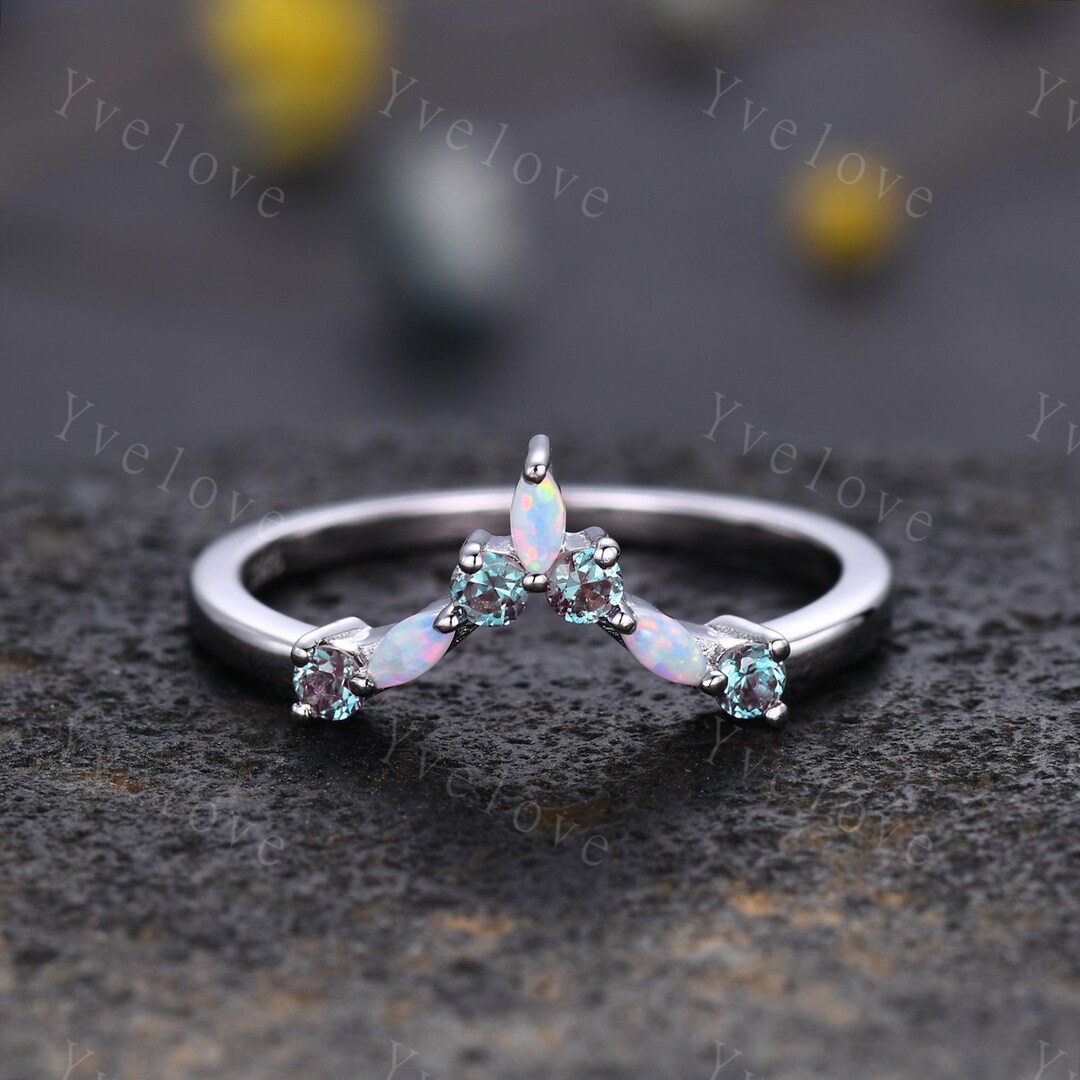 Opal Alexandrite Wedding Ring Match Stacking Ring V Curved Wedding Band ...
