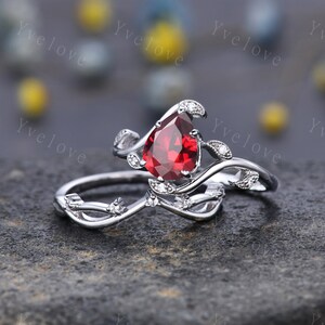 Retro Teardrop Red Garnet Ring,vintage Sterling Silver Ring Set,unique ...