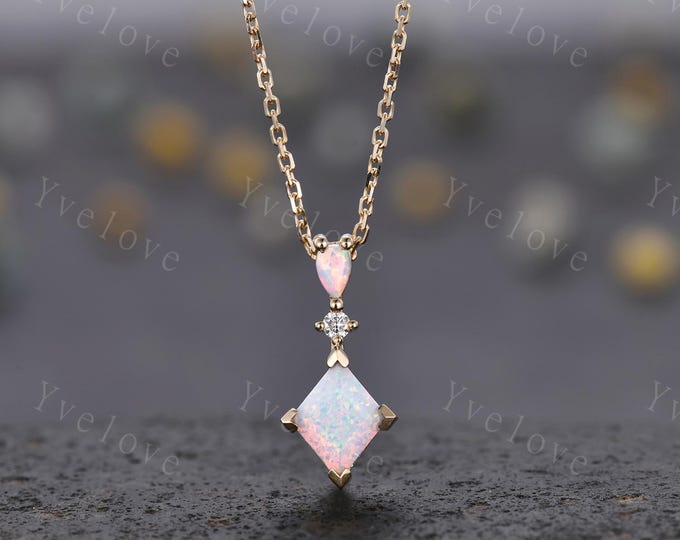 Vintage Unique Lozenge White Opal Necklace Solid 10k Gold Opal Diamond ...
