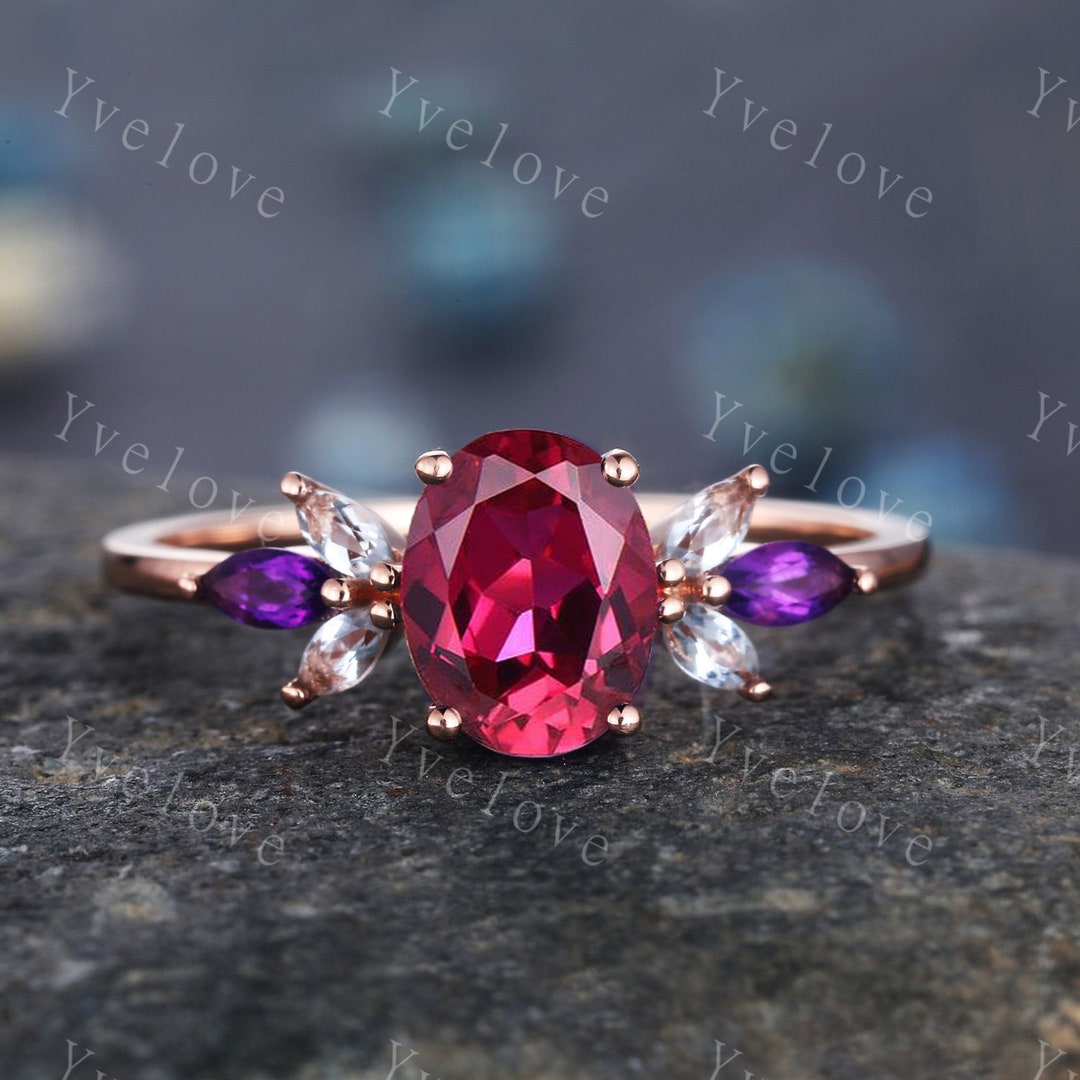 Vintage Ruby Engagement Ring 14k Rose Gold Women Moissanite Amethyst ...