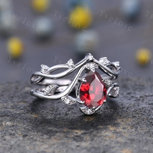 Retro Teardrop Red Garnet Ring,vintage Sterling Silver Ring Set,unique ...
