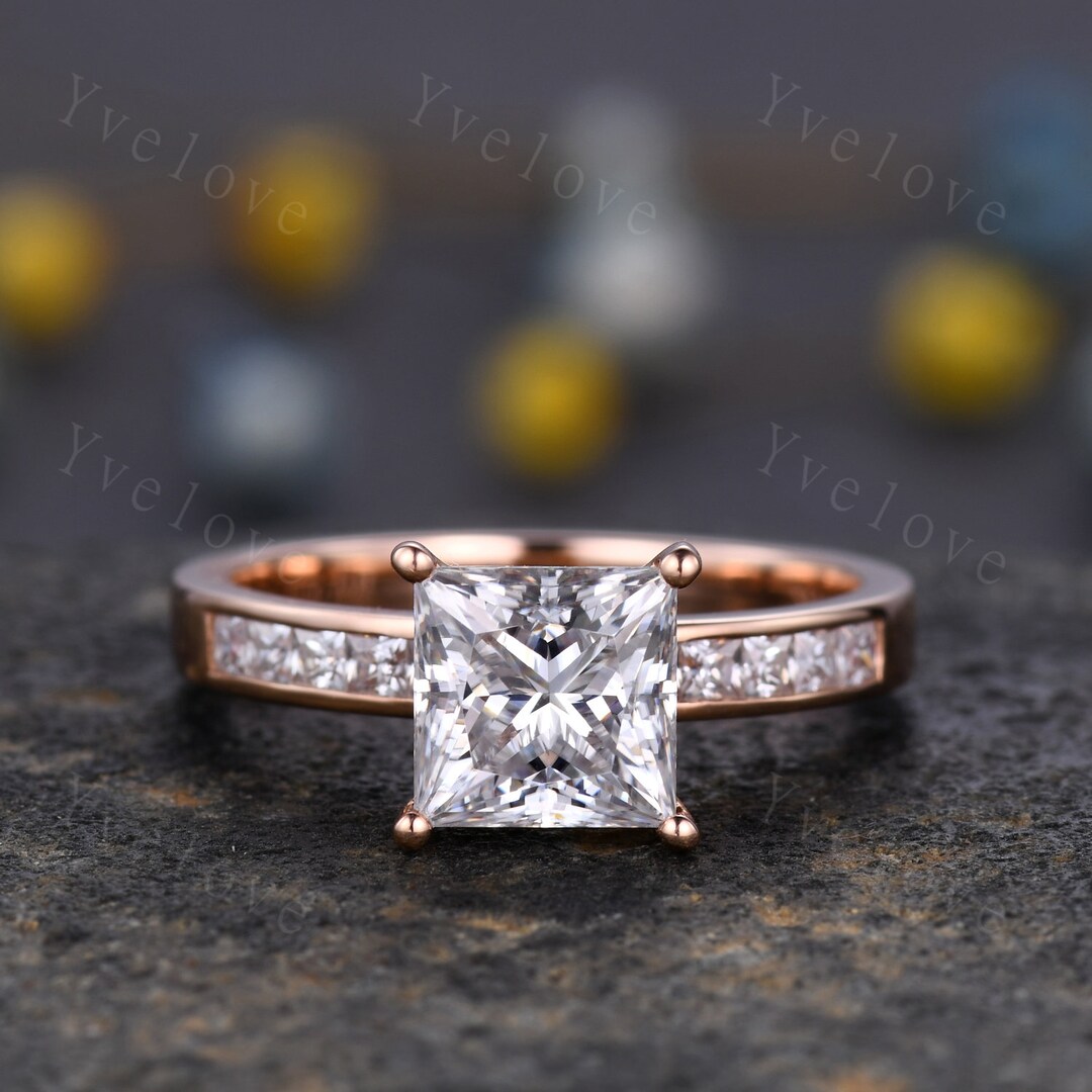 7mm Princess Cut Moissanite Engagement Ring,2ct Moissanite,women Rose Gold Stacking Ring,channel ...