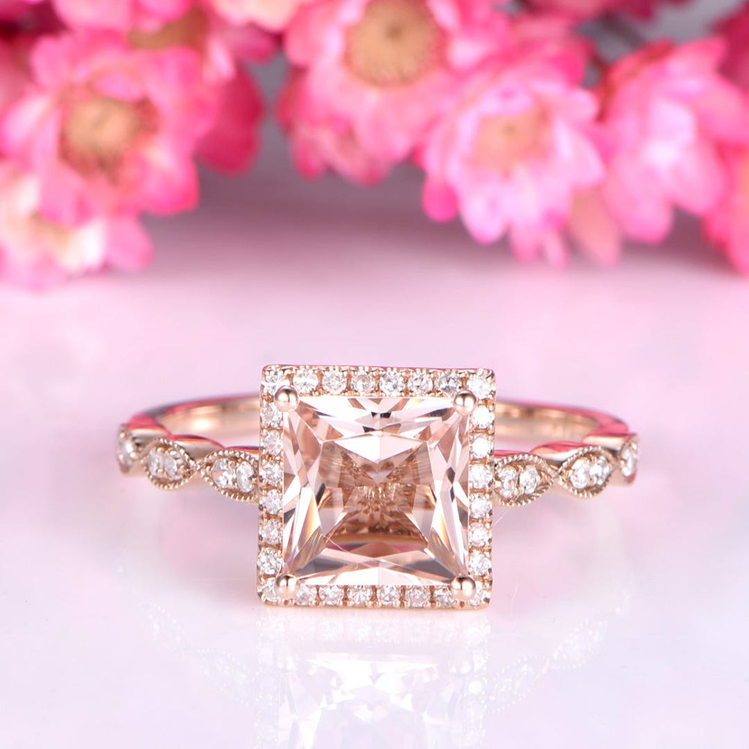 Princess Cut Morganite Engagement Ring 1ct Natural Morganite Art Deco ...