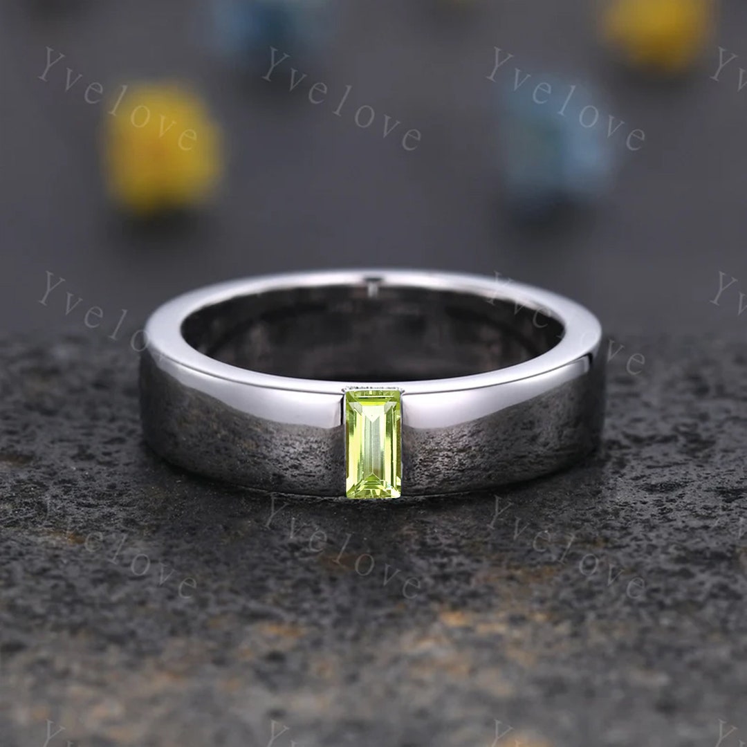 Mens Peridot Wedding Band Baguette Shaped Peridot Band 5mm Solid White ...
