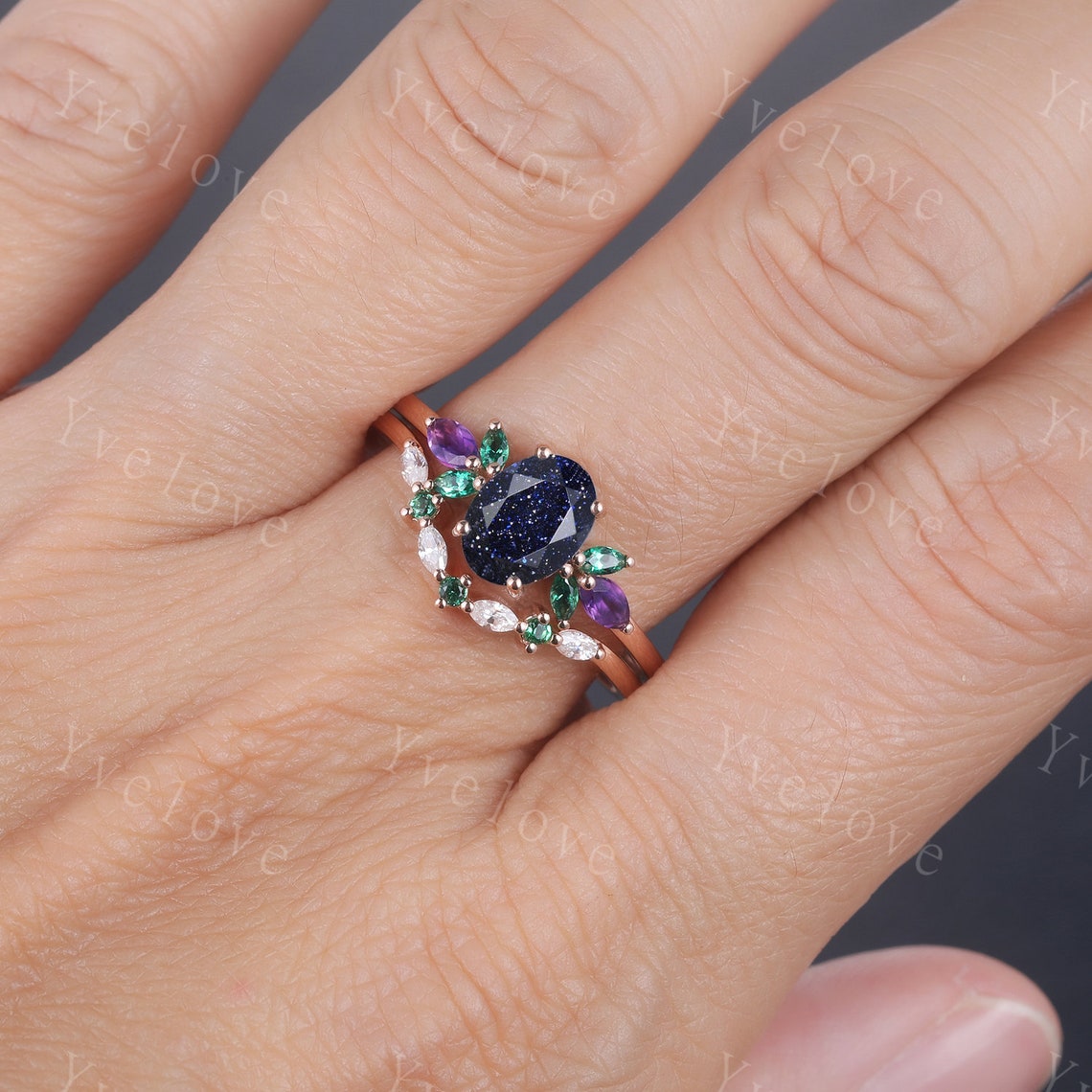 Blue Sandstone Wedding Ring Set Oval Sandstone Engagement - Etsy