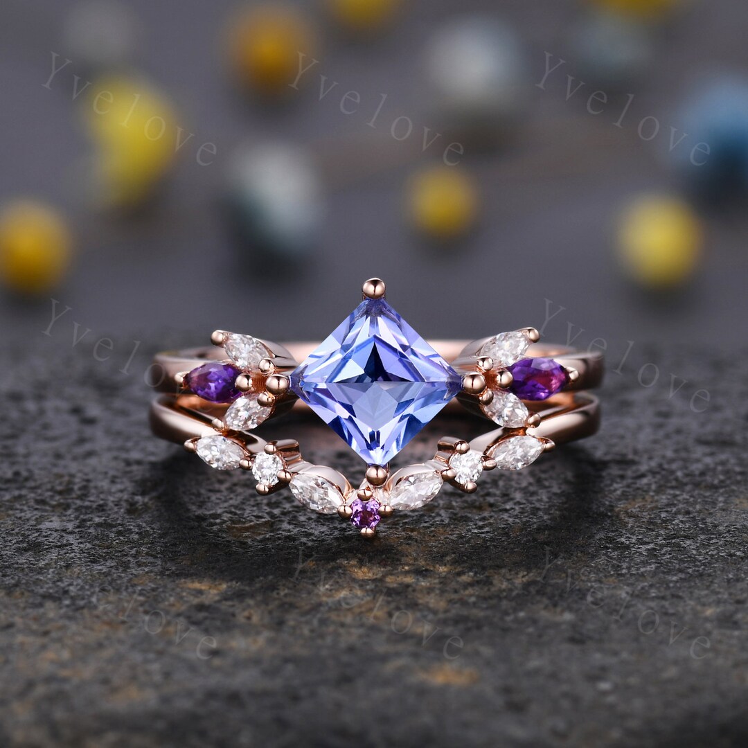 Vintage Princess Cut Tanzanite Engagement Ring Set Rose Gold Women ...