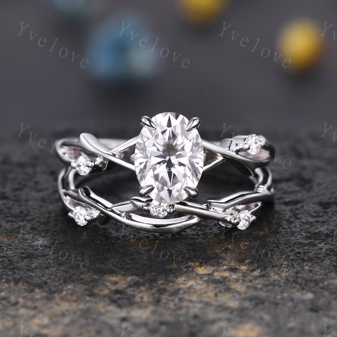 Twig Oval Moissanite Engagement Ring Set Vintage Leaf Diamond Ring,branch Ring White Gold ...