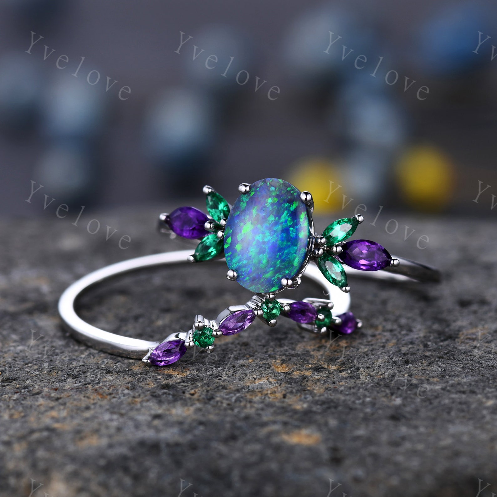 Natural Blue Opal Wedding Ring Set Oval Opal Engagement Ring - Etsy