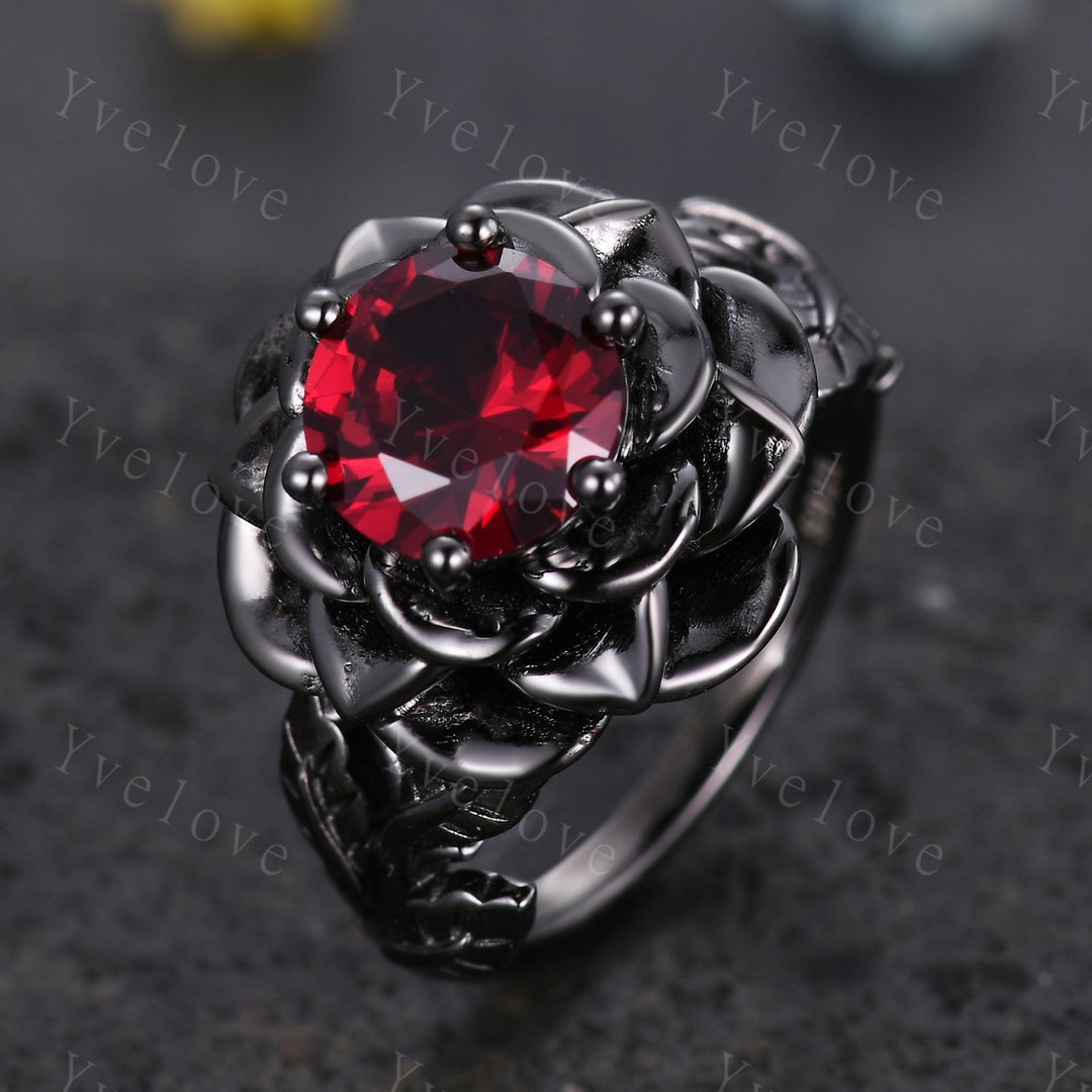 Red Ruby Rose Flower Engagement Ring 925 Black Silver Band Romantic ...