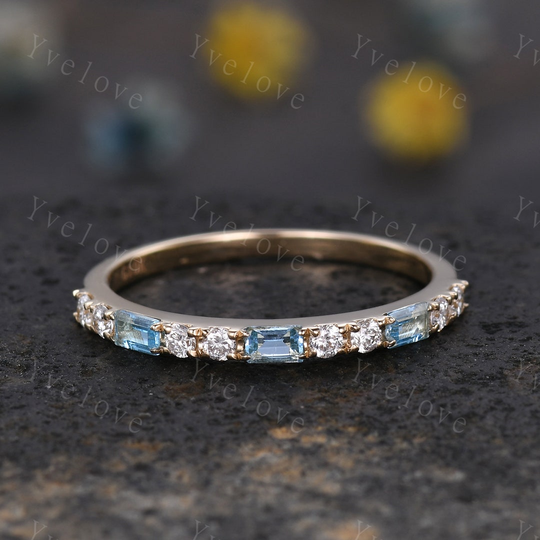 Baguette Cut Blue Topaz and Diamond Wedding Ring Half Eternity Band ...