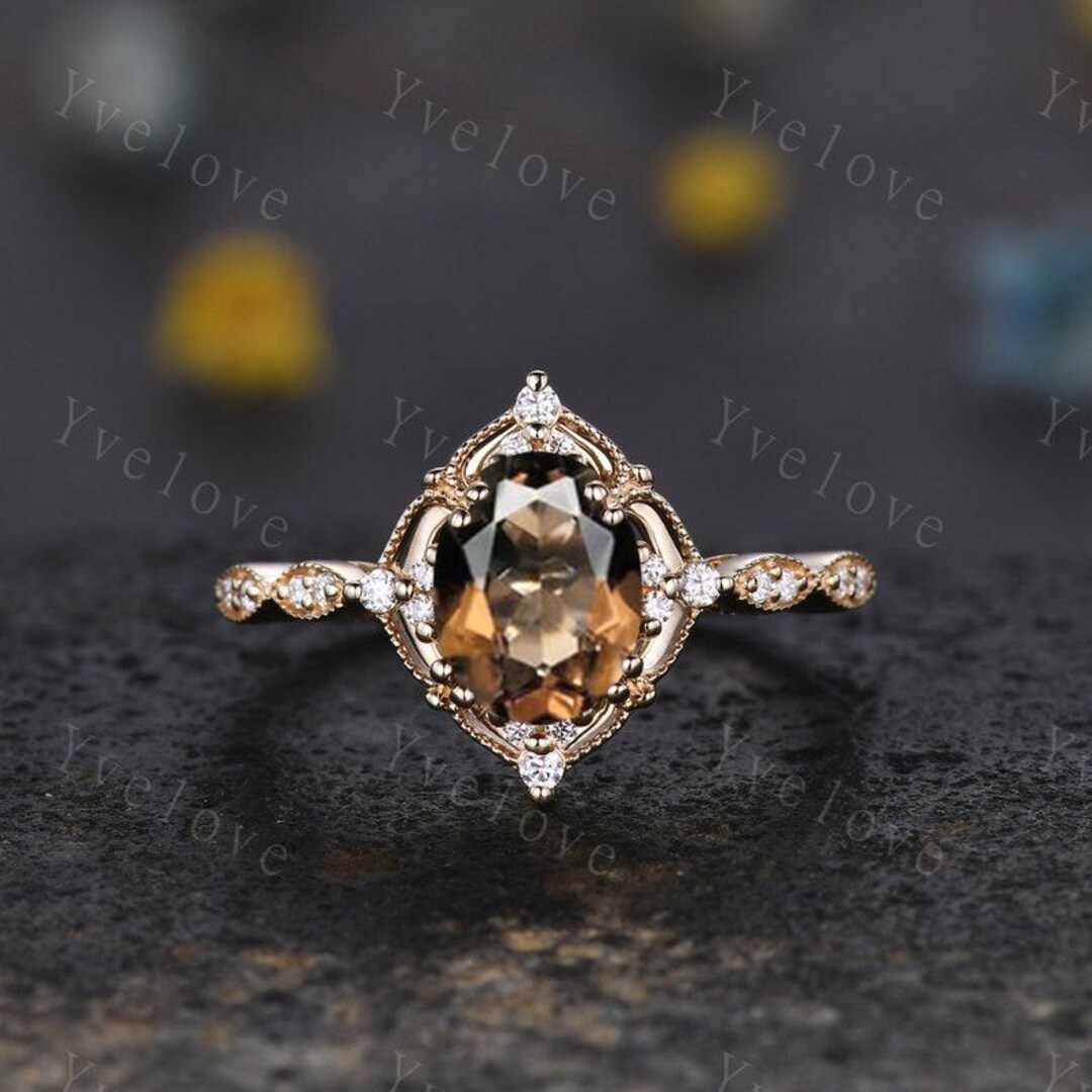 Vintage Smoky Quartz Engagement Ring,oval Shape Brown Quartz Ring,14k ...