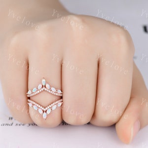 Unique White Opal Ring,opal Wedding Band,marquise Opal Enhancer Ring,curved V Stacking Matching ...