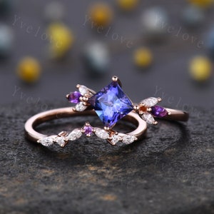 Vintage Princess Cut Tanzanite Engagement Ring Set Rose Gold - Etsy