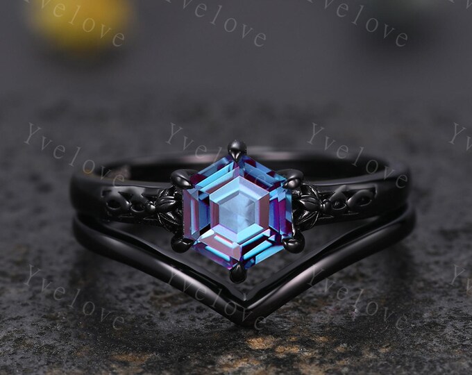 Gothic Hexagon Cut Alexandrite Engagement Ring Art Deco Leaf and Vine ...