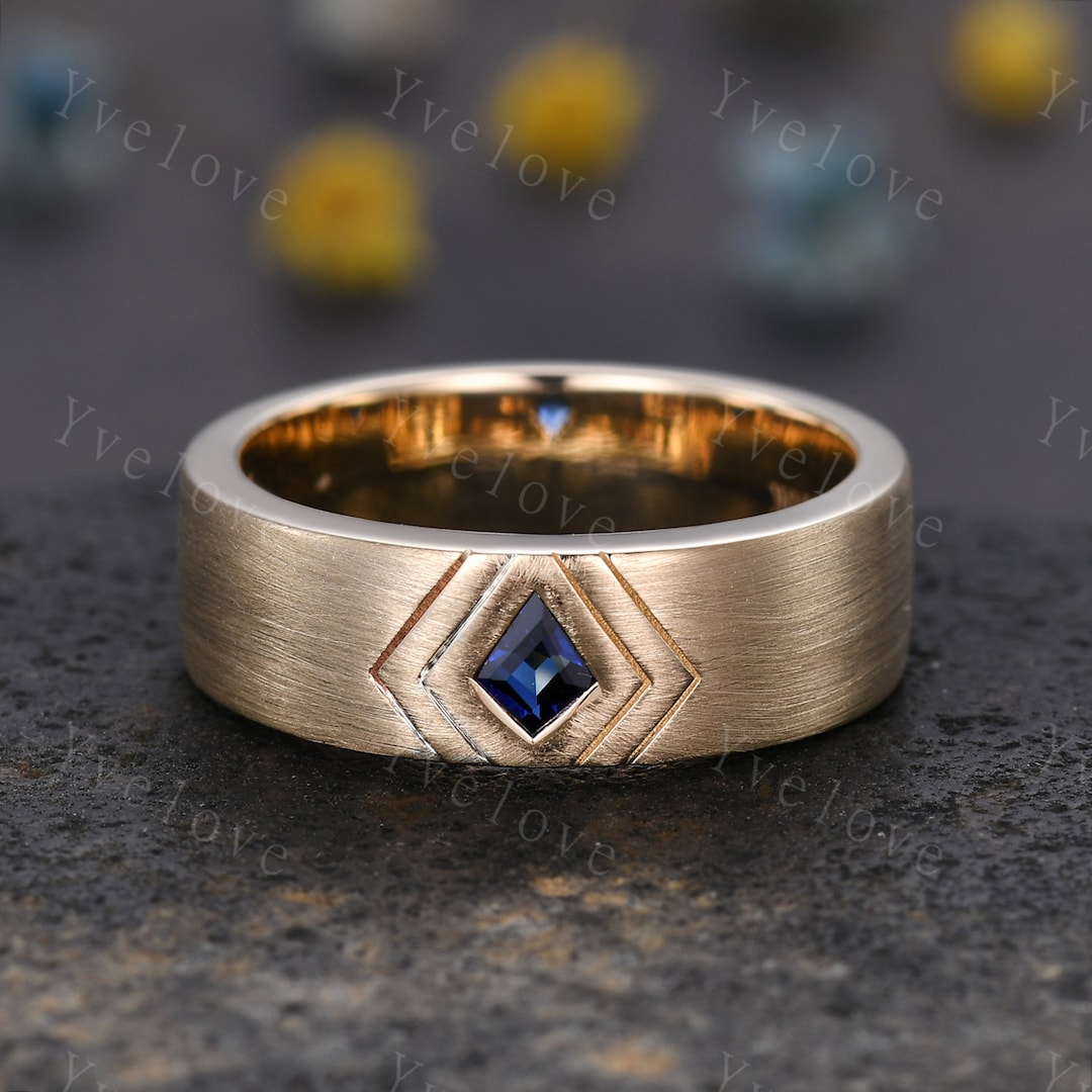 7mm Solid Gold Mens Kite Cut Blue Sapphire Wedding Band Sapphire ...
