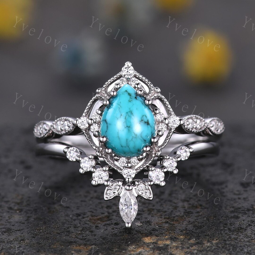 Vintage Turquoise Engagement Ring Set,6x8mm Pear Turquoise Bridal Set,v ...