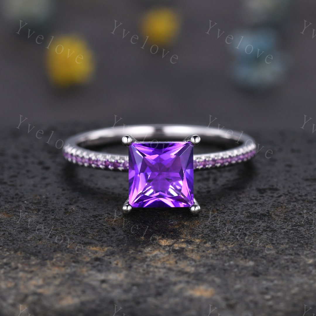 Art Deco Princess Cut Amethyst Engagement Ring Hidden Halo Amethyst ...