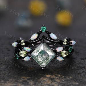 Vintage Princess Moss Agate Engagement Ring Set,black Gold,vines ...