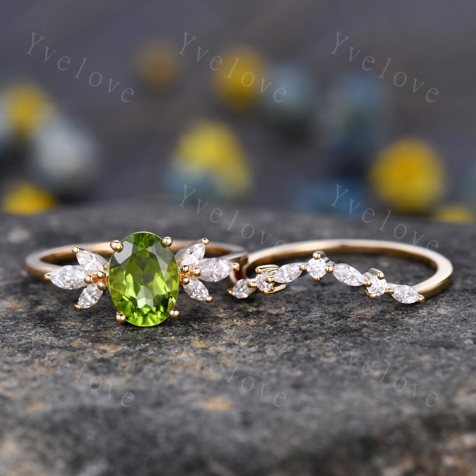 Peridot Ring Yellow Gold Engagement Ring Set Oval Peridot - Etsy