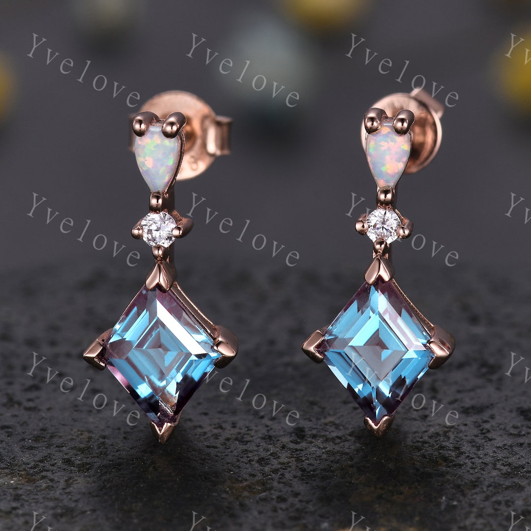 Unique Alexandrite Opal Earrings,rhombus Cut Gems,art Deco Diamond ...
